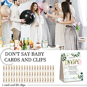 61 Pieces Don't Say Baby Sign 5 x 7 Inch Baby Shower Games and 60 Mini Clothespins Shower Games for Guests Prizes with Baby Shower Pins for Gender Reveal Favors Party Decorations (Greenery Style)