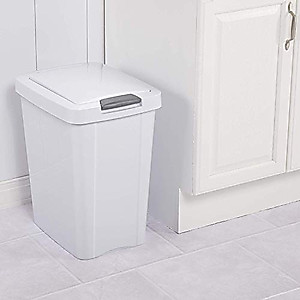 Sterilite 10438004 7.5 Gallon Slim Profile TouchTop Wastebasket with Titanium Latch, Fits 8 Gal Trash Can Bags, Locks in Garbage Bin Odors, White 8 Ct