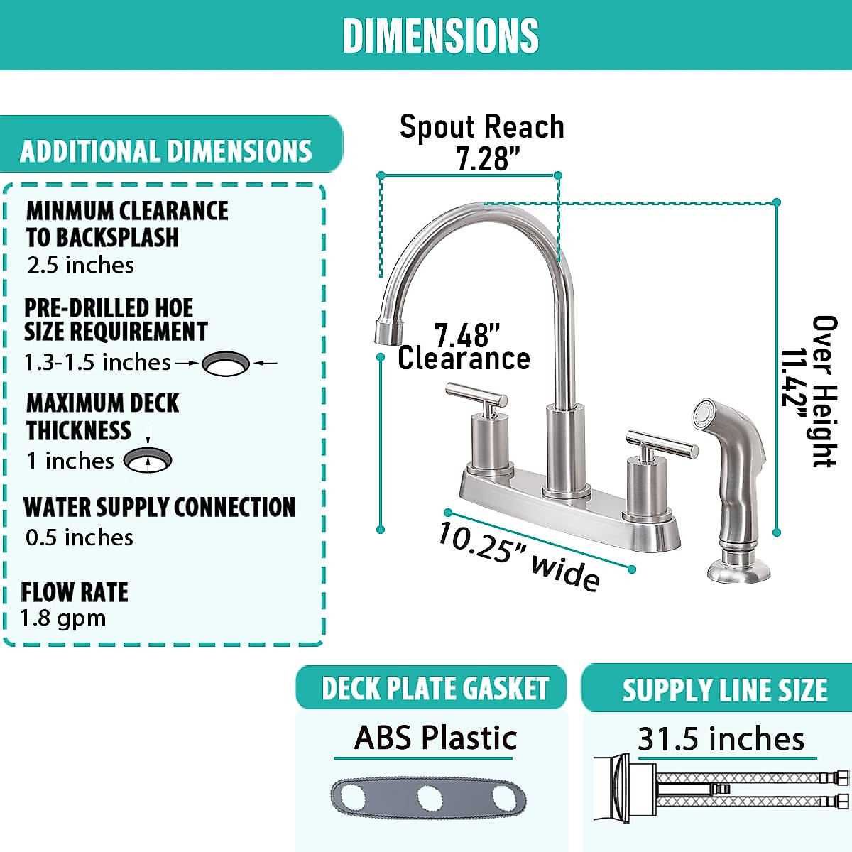 Kitchen Faucet with Sprayer, Brushed Nickel Kitchen Sink Faucet, 3 or 4 Hole RV Faucet for Kitchen Sink, Stainless Steel Touch Kitchen Faucet with Side Sprayer, TDLKF024L