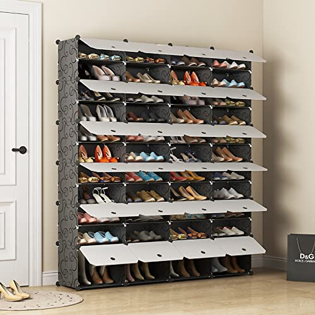 Aeitc 96 Pairs Shoe Rack Organizer Shoe Organizer Expandable Shoe Storage Cabinet Narrow Standing Stackable Space Saver Shoe Rack for Entryway, Closet with Hook and Side Shelf,White Door
