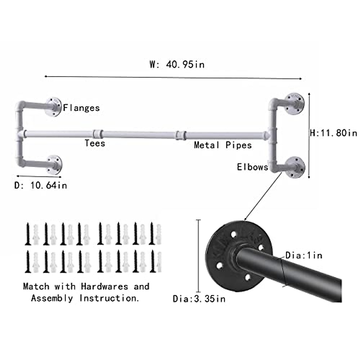 YLFAHXP Industrial Pipe Clothes Rack, Heavy Duty Detachable Wall Mounted Iron Garment Bar, Multi-purpose Clothing Rack Hanging Rod Organizer for Closet Storage (White)