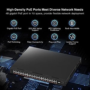 MokerLink 48 Port PoE Gigabit Switch with 2 Gigabit SFP, 800W IEEE802.3af/at AI Detection, Metal Rackmount Unmanaged Plug and Play Ethernet Switch
