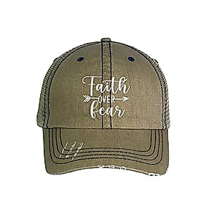 DSY Lifestyle Faith Over Fear Embroidered Distressed Trucker Hat -Frayed Bill Mesh Back Cap (Black)