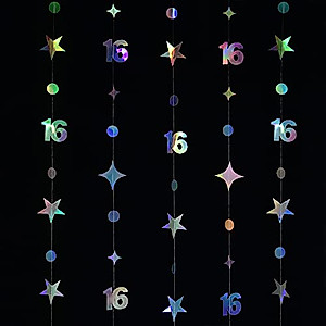 MUDESEN Sweet 16 Sixteen Birthday Party Decorations for Girls, Iridescent Number 16 Circle Dot Twinkle Star Garland Kit Hanging Streamer Backdrop Decorations for Girls 16th Birthday Party …