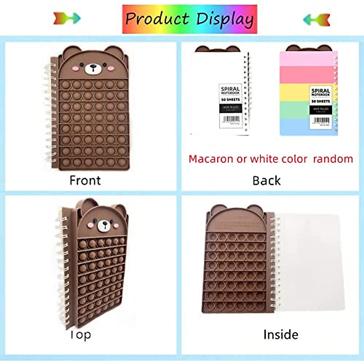 7iper Pop Notebook, Push bubble Spiral Notebooks Fidget Toys, Cute Composition Notebooks, College Ruled Notebooks, Protable for School Office Gifts (A5 Bear)