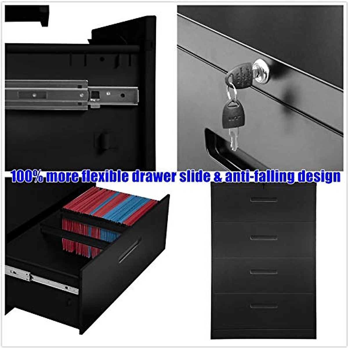 Aooppec Upgraded Version Stronger Large Metal Steel Lateral File Cabinet 4 Drawers with Lock, Heavy-Duty Filing Cabinet Lockable with Anti-Tilt Structure and 2 Keys for Home Office (Black)