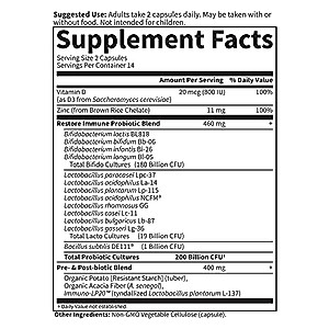 Garden of Life Dr. Formulated Probiotics Platinum Series Restore Immune with Zinc and Vitamin D - 200 Billion CFU Guaranteed, Prebiotic Postbiotic Probiotic for Digestion, Immune Support, 28 Capsules
