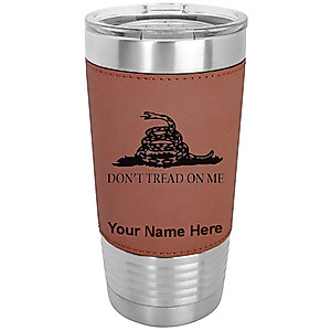 LaserGram 20oz Vacuum Insulated Tumbler Mug, Gadsden Flag, Personalized Engraving Included (Faux Leather, Dark Brown)