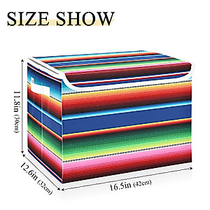 Moudou Mexican Serape Blanket Stripes Storage Basket with Lid, Large Collapsible Cube Storage Bin for Closet, Office, Nursery, Home Decor, 16.5 x 12.6 x 11.8 Inch