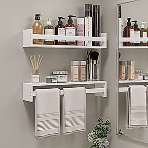 Ballucci Set of 2 Wall Mount Bookshelves, Wood Floating Wall Shelves with Towel Bar Rack for Nursery, Kitchen, Living Room, Bedroom, Bathroom, Office; 23 Inch - White