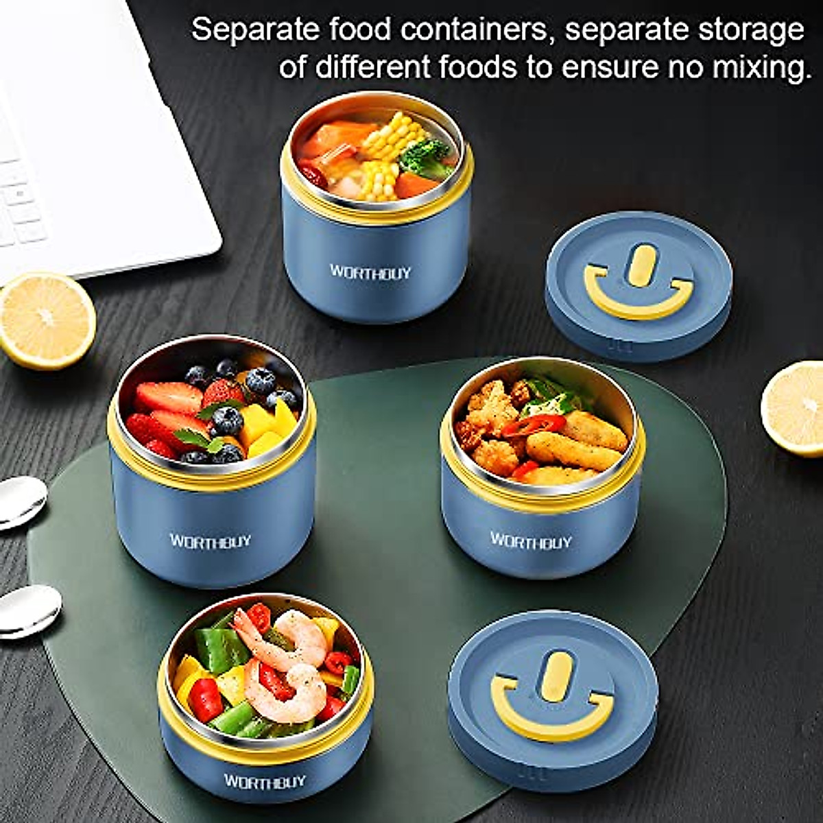 TiLeMiun Microwave Safe Thermal Lunch Box For Food, Portable Insulated Lunch Containers For Aldults To Work, 18/8 Stainless Steel Leakproof Stackable Food Container With Bag (Blue 4Pcs 68oz)