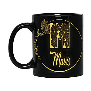 Coffee Mug Personalized Mavis Name & Initial Letter Monogram Floral Alphabet Mug Golden Flowers Custom Black Coffee Cup, Gift for Her Mom Coworker Sister, Wife, Girl 11oz Black Mug 382790