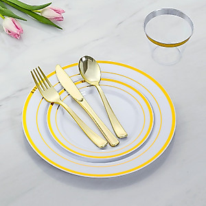 600 Pieces Gold Plastic Dinnerware for 100 Guests, Disposable Plastic Plates for Party Wedding Birthday, Includes 100 Dinner Plates, 100 Salad Plates, 100 Spoons, 100 Forks, 100 Knives, 100 Cups