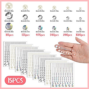 15 Sheets 3195 Pcs Self Adhesive Rhinestones Pearls, 6 Sizes Face Gems Jewels Pearl Stickers Stick On Hair Gems for Halloween Decoration Makeup Crafts