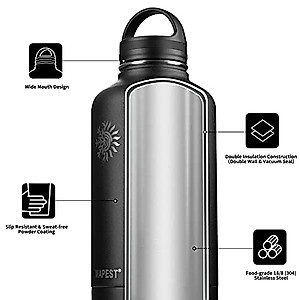 Water Bottle 64 oz with Paracord Handle & Cleaning Brush, Half Gallon Double Wall Vacuum Metal Stainless Steel Insulated Water Flask Jug with 2 Lids and Carrying Pouch, Leakproof and BPA-Free, Black