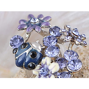 Alilang Womens Adjustable Silvery Tone Purple Rhinestones Spring Floral Flowers Ladybug Ring