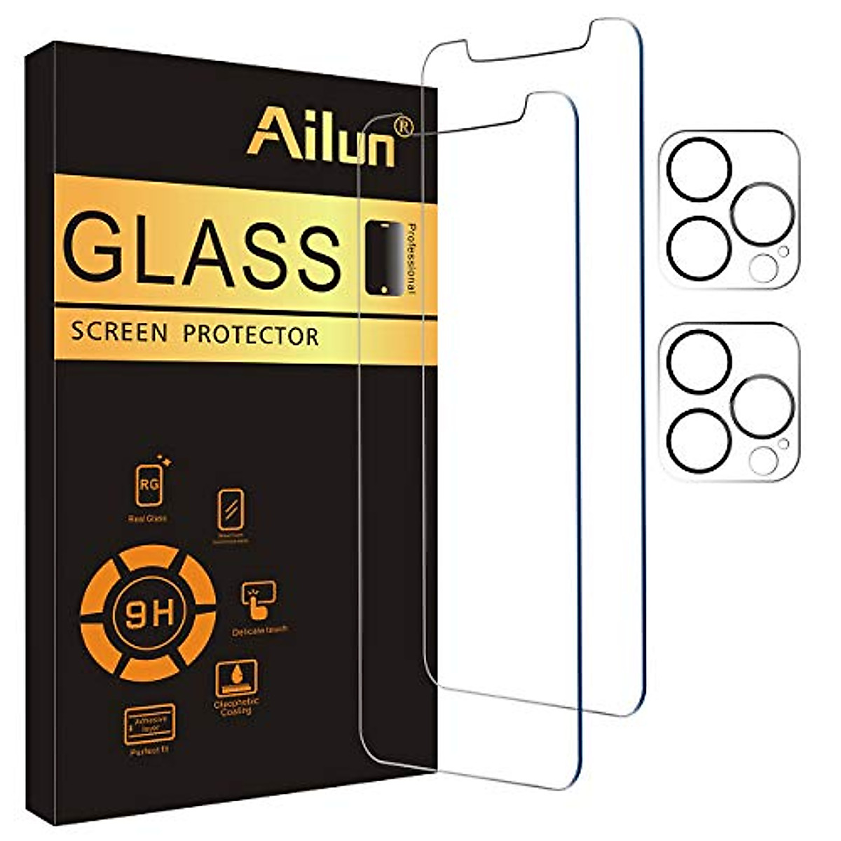 Ailun 2Pack Screen Protector Compatible for iPhone 12 Pro[6.1 inch] + 2 Pack Camera Lens Protector,Tempered Glass Film,[9H Hardness] - HD