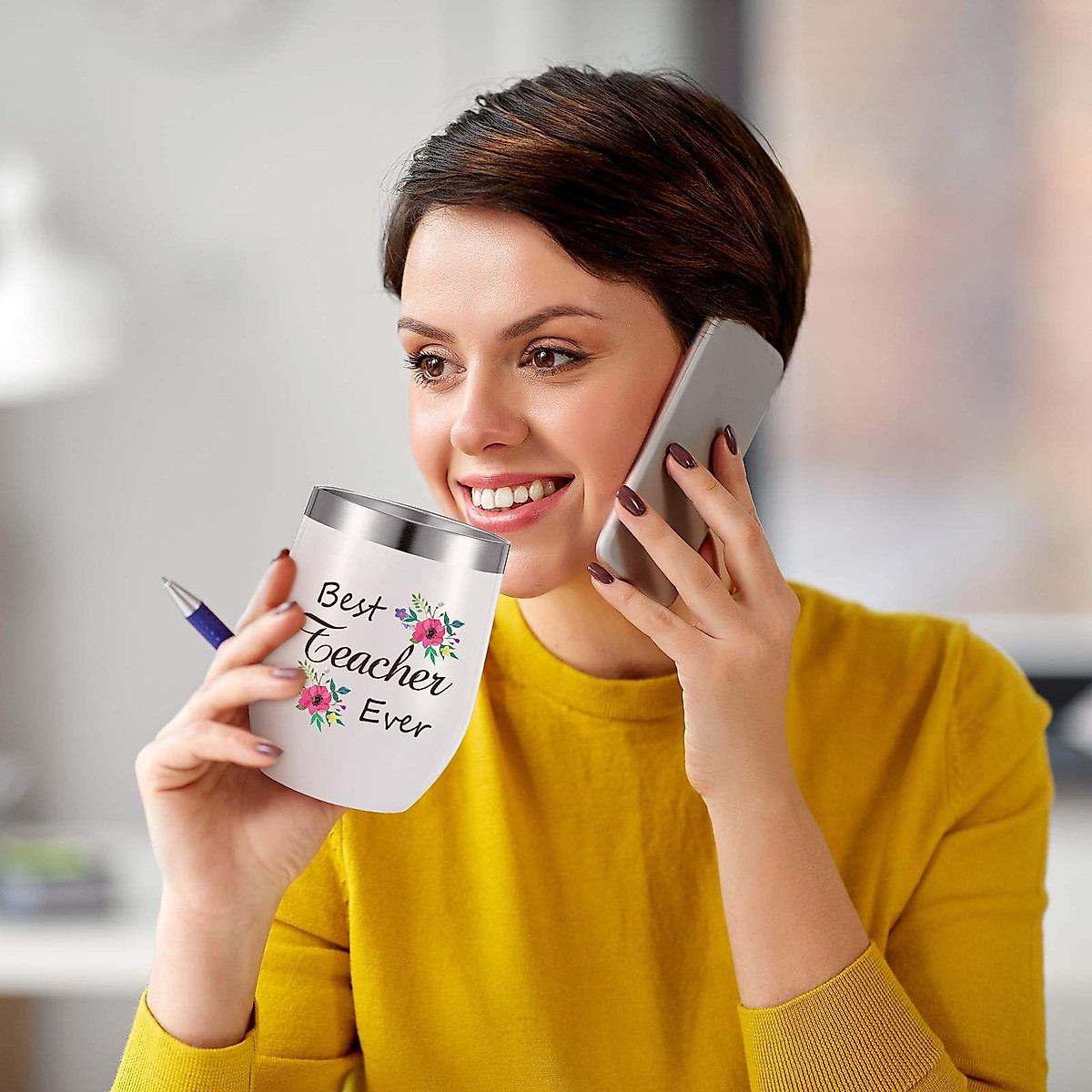 Patelai 2 Pcs Teacher Appreciation Gifts Best Teacher Ever Wine Tumbler Appreciation Gift for Women Thank You Gift Graduation Birthday Present 12 oz Stainless Steel Tumbler with Lid and Straw (White)