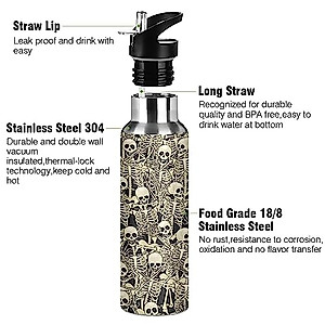 ALAZA Gothic Skull Skeleton Water Bottle With Straw Lids Boys Girls,Vacuum Insulated Leakproof Stainless-Steel Sports Bottle Thermal Flask For Gym Yoga Camping,20Oz (600Ml)