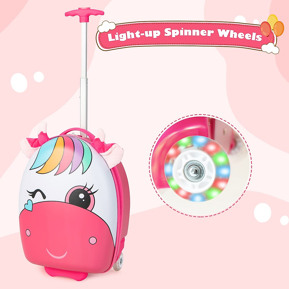 Olakids Kids Luggage, 16’’ Carry On Rolling Suitcase for Girls Boys with LED Flashing Spinner Wheels, Travel Trolley Hardside Case for Toddlers (Pink Pony)