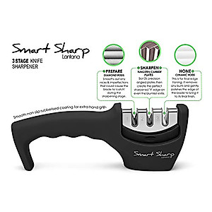 Lantana Smart Sharp Knife Sharpener - Professional 3 Stage Manual Sharpener for Sharpening Kitchen Knives - Ceramic Stone, Tungsten Carbide Plates, Diamond rods. Ergonomic Design, Black/Chrome Finish