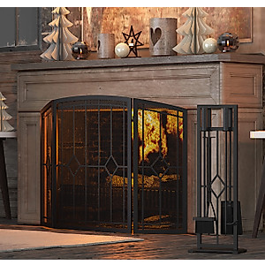 Fire Beauty 5 Pieces Fireplace Tools Set Wrought Iron Fire Place Pit Poker Holder(Black)