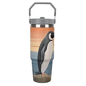 30oz Stainless Steel Insulated Tumbler with Flip Lid & Straw, Leakproof Travel Mug for Car, Hand Drawn Penguin Double Wall Vacuum Thermal Coffee Cup with Handle, Spill-Proof Design for Hot/Cold Drinks