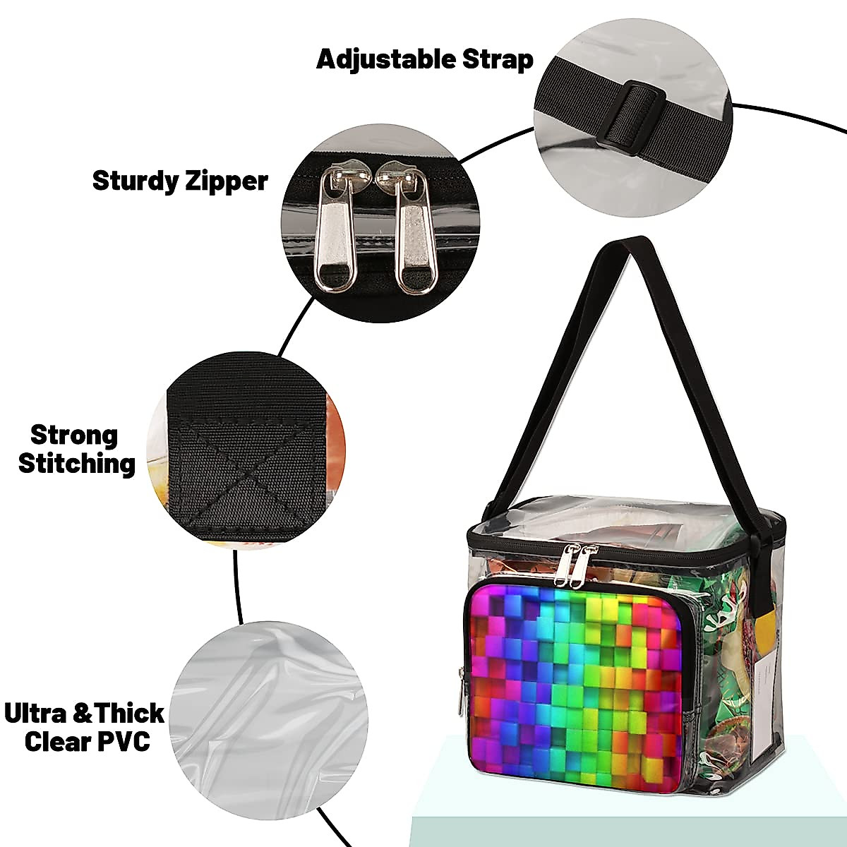 bisibuy Rainbow Box Pattern Clear Lunch Bag Stadium Approved PVC Plastic See Through Lunch box with Adjustable Strap for Sports Events Concerts Office