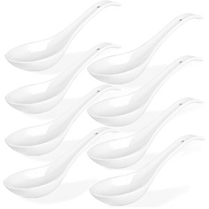 QLANS Soup Spoons, Ceramic Chinese Soup Spoons, Asian Soup Spoons, White Japanese Spoon Large for Ramen Pho Wonton Dumpling Miso, Deep Oval Hook Design, Set of 8