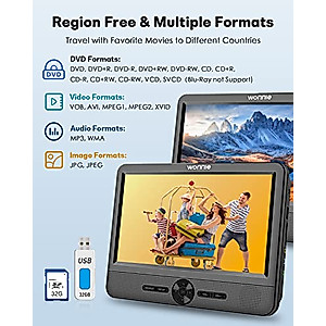 WONNIE 10" Car DVD Players, Portable DVD Player Dual Screen Play Two Different or The Same Movie with 2 Headrest Mount, 5 Hours Rechargeable Battery, Last Memory, AV Out&in, Support USB/SD/Sync TV