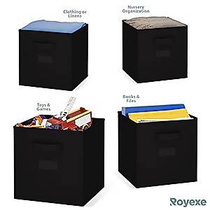 Royexe Item Container 11 Inch Storage Cubes (Set Of 8) Storage Baskets, Features Dual Handles & 10 Label Window Cards, Foldable Fabric Closet Shelf Organizer, Drawer Organizers, Linen, Black