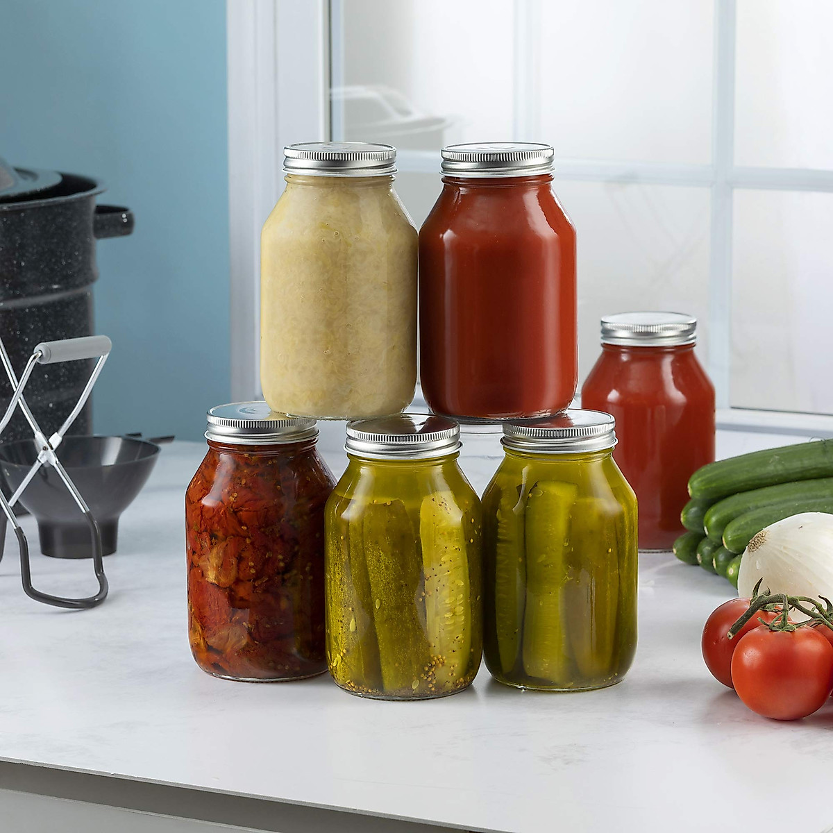 Glass Regular-Mouth Mason Jars, 32-Ounce (12-Pack) Glass Jars with Silver Metal Airtight Lids for Meal Prep, Food Storage, Canning, Drinking, Overnight Oats, Jelly, Dry Food, Spices, Salads, Yogurt