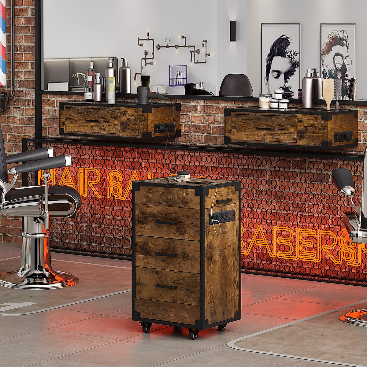 PENNYNANA Rolling Beauty Salon Trolley Cart, Beauty Salon Station with Wheels, Large Storage Space, Power Outlets, Hair Dryer Holders, Salon Spa Equipment, Rustic Brown