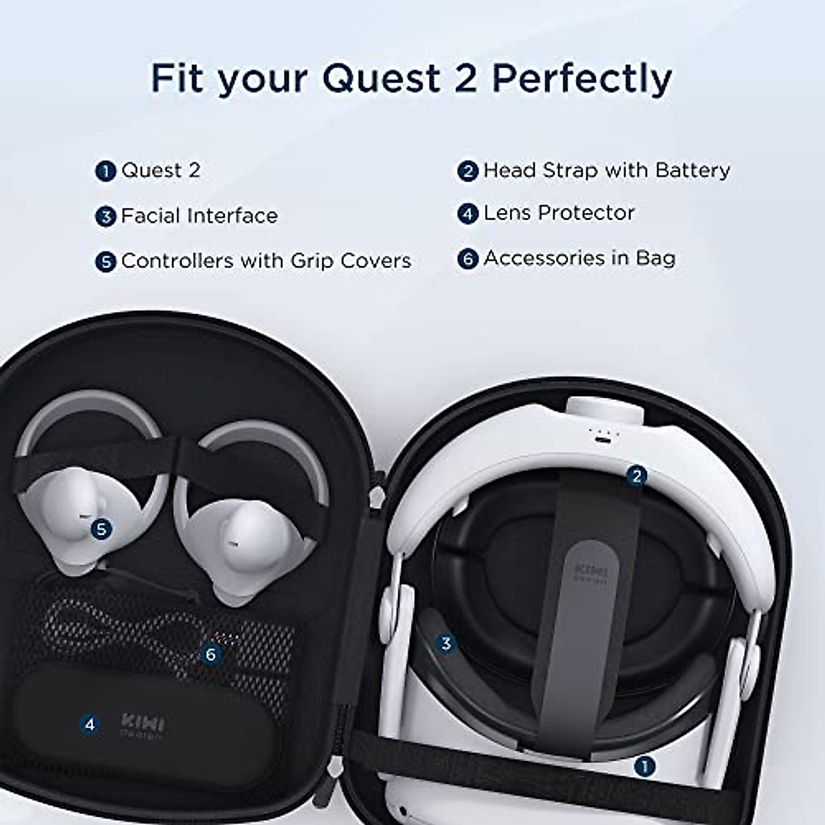 KIWI design Head Strap and Carrying Case Compatible with Quest 2