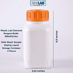 ISOLAB USA - Plastic Lab Chemical Reagent Bottle - HDPE - 500ml/16.9oz - Wide Mouth Sample Sealing Liquid Storage Container 2 Pieces