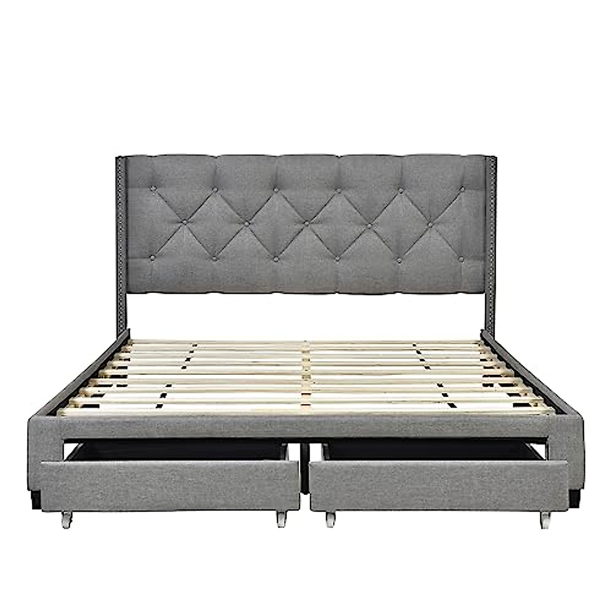 HAUSHECK Queen Size Platform Bed Frame, Upholstered Bed Frames with Button Tufted Headboard, Modern Bedframe for Kids, Teen & Adults, Wooden Slats Support, No Box Spring Needed