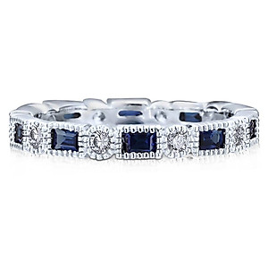 BERRICLE Sterling Silver Art Deco Wedding Rings Simulated Blue Sapphire Milgrain Bezel Set Cubic Zirconia CZ Anniversary Eternity Ring for Women, Rhodium Plated Size 5
