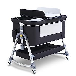 Uuoeebb 4 in 1 Baby Bassinet Bedside Sleeper, Portable Baby Bassinet with Wheels, Baby Crib with Changing Station, Mattress Included and Storage, Foldable Travel Bassinet for Baby/Infant/Newborn-Black