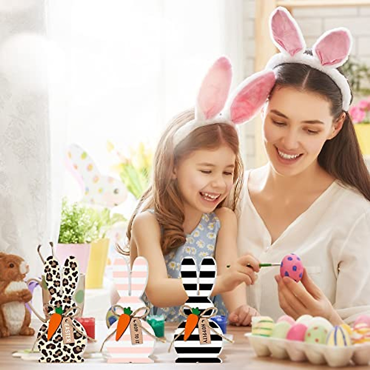 3 Pcs Easter Decor for Tiered Tray Easter Bunny Decor Wooden Bunny Table Signs Farmhouse Bunny with Carrot Tabletop Decoration Easter Party Desk Home Decorations (Classic Style)