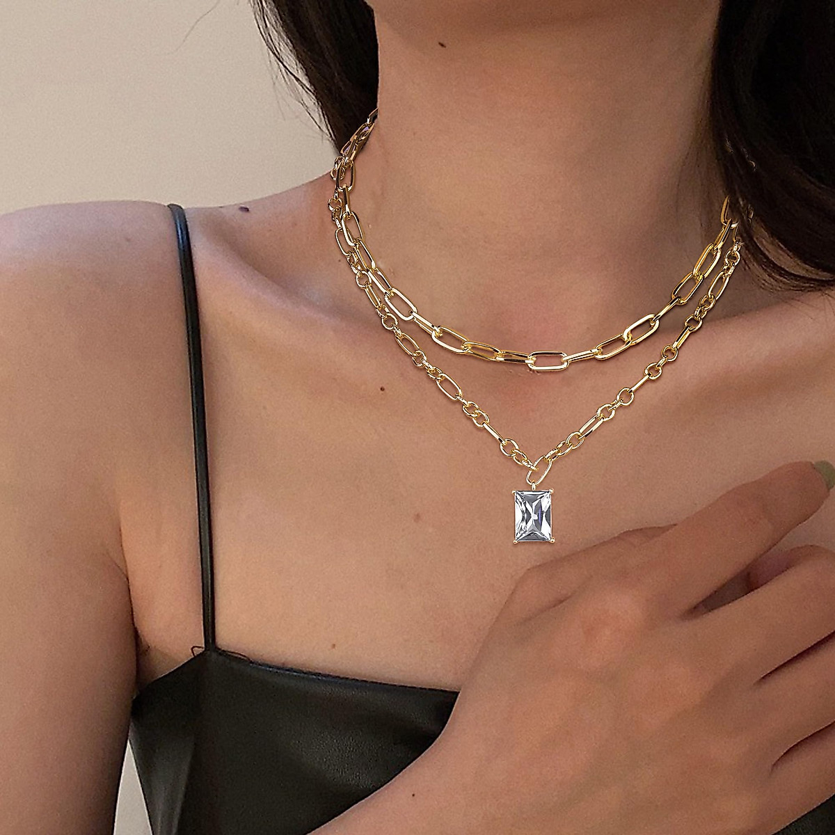 LOYALLOOK 9Pcs 14K Gold Plated Paperclip Herringbone Snake Figaro Chain Link Layered Choker Necklaces Paperclip Emerald Crystal Pendant Layering Necklace Cuban Link Rope Chain Cross Necklaces Gold Tone