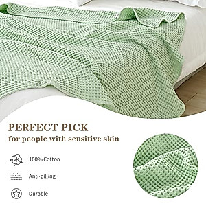 NATUREFIELD Waffle Weave Throw Blanket, 70" x 50" 100% Cotton Lightweight and Breathable Bed Throw, Soft and Comfortable Throw Blanket for Bed Couch Sofa All Season, Vintage Washed, Sage Green