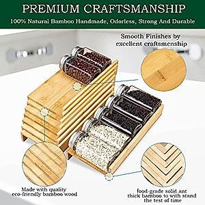 Spice Rack Organizer for Drawer, 8pcs Adjustable Expandable Kitchen Spice Rack Organizer, With Non-slip Sticker and 16 Labels, 4 Tiers Bamboo Spice Rack for Drawer, Cabinet, Countertop,18''W x16.5''D