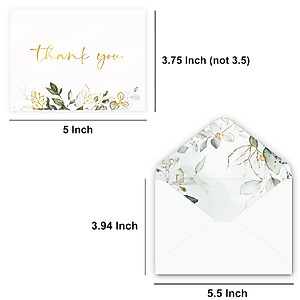 VEEYOL 100 Gold Foil Greenery Thank You Cards with Envelopes, Watercolor Foliage Thank You Notes For Wedding, Baby Shower, Graduation, Bridal, Business, Anniversary