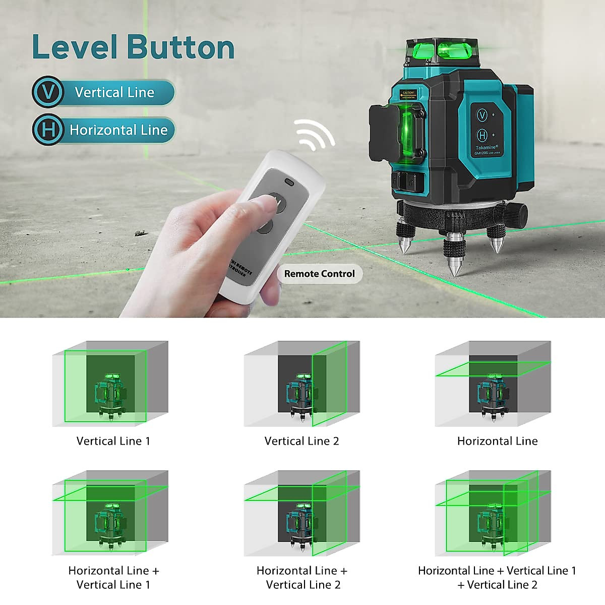 Takamine 3x360° 12 Lines Self Leveling Green Laser Level, 3D Cross Line for Construction/Picture Hanging with Removable Li-ion Battery, Remote Controller, Magnetic Rotating Stand and Hard Case