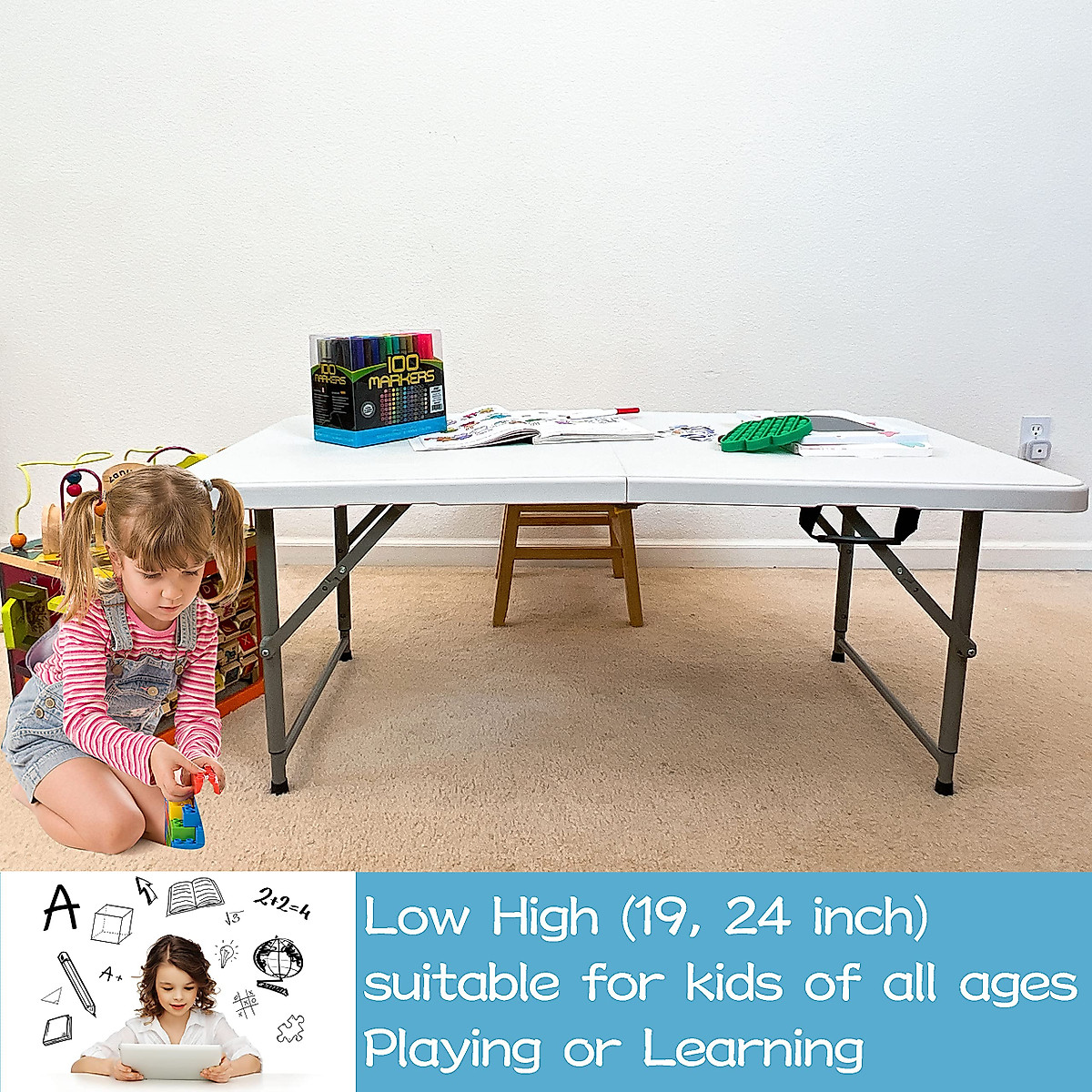 JingPieCle 4 Foot Folding Table Adjustable Height, Foldable Heavy Duty Plastic Table, Small Portable Card Table with Carry Handle, Fold up Lightweight Table for Dining Party, Mesa Plegable para