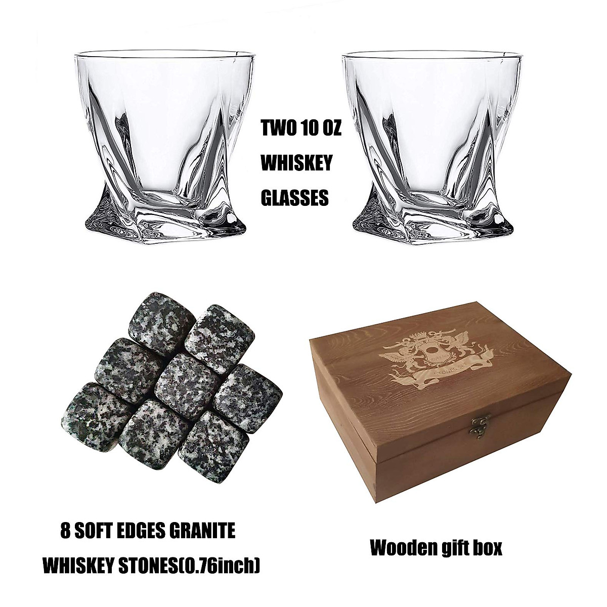 Whiskey Stones and Whiskey Glass Gift Boxed Set - 8 Granite Chilling Whisky Rocks + 2 Large 11 oz Crystal Glasses in Wooden Box - Great Gift for Dad's Birthday or Anytime For Dad/Father/husband bro