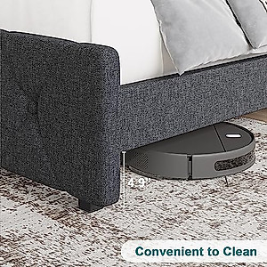 KIETLER King Size Bed Frame with Type-C & USB Ports， Adjustable Headboard， Upholstered Platform with Wooden Slats Support, Linen Fabric Wrap No Box Spring Needed, Easy Assembly, Dark Grey