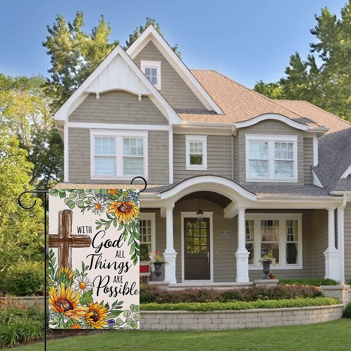 Covido With God All Things Are Possible Religious Spring Summer Easter Decorative Garden Flag, Cross Sunflower Yard Outside Decorations, Inspirational Fall Autumn Outdoor Small Home Decor 12 x 18