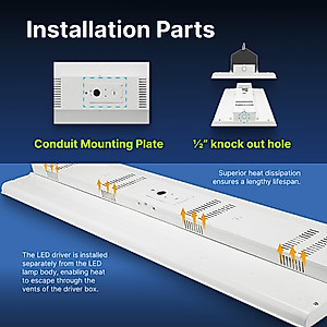 Konlite - 4 FT Linear LED Shop Lights, 225W, 30,626LM Bay Ceiling Shop Light for Commercial & Industrial Use, Non-Maintenance Shop Lights for Workshop, Garage Light, 5000K Daylight, Dimmable 1-10V