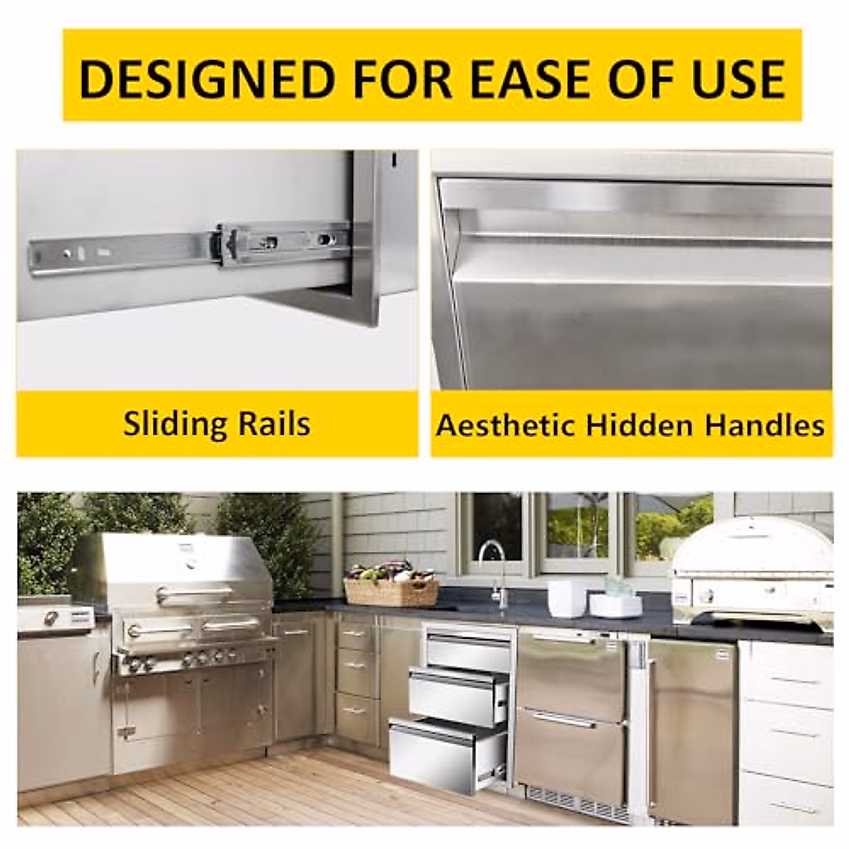 SGOLAN Outdoor Kitchen Drawers 18" W x 23" H x 23" D Flush Mount Triple BBQ Drawers with Hidden Handle Stainless Steel Drawer for Outdoor Kitchen Island, Patio Grill Station
